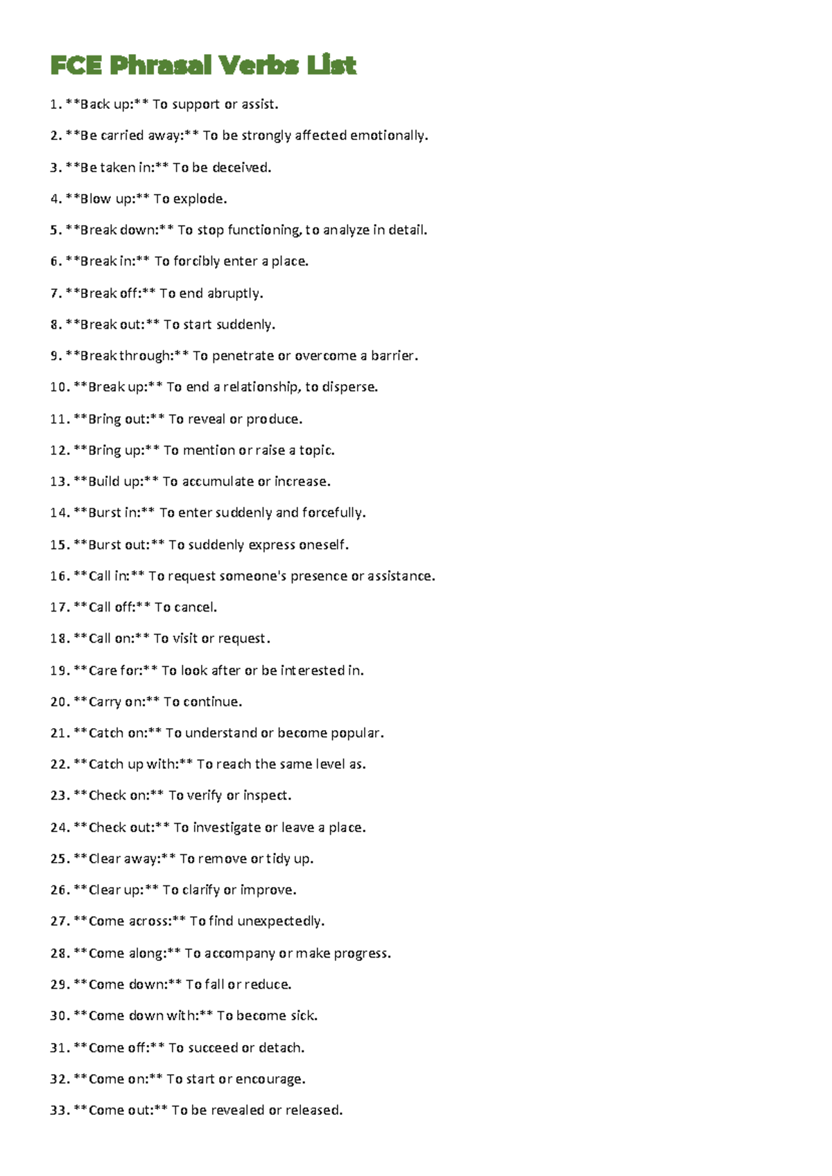 FCE Phrasal Verbs List WITH Meanings - FCE Phrasal Verbs List Back up ...