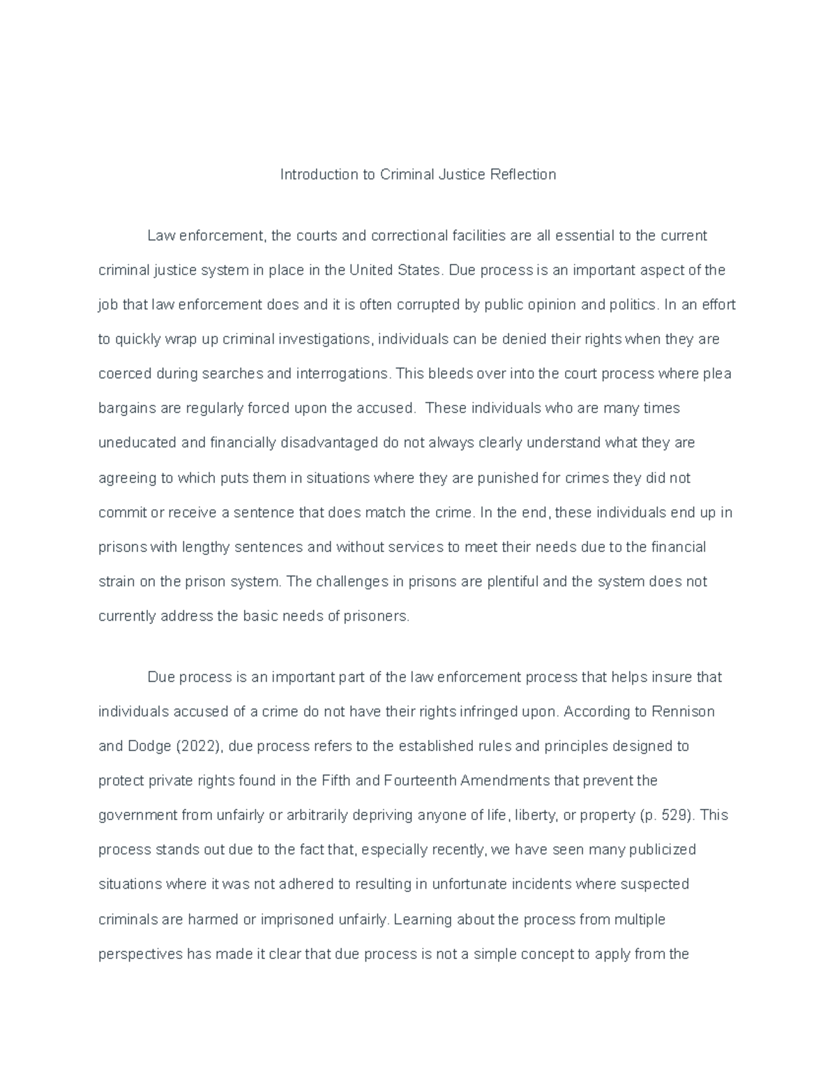 Intro to Criminal Justice Reflection - Introduction to Criminal Justice ...