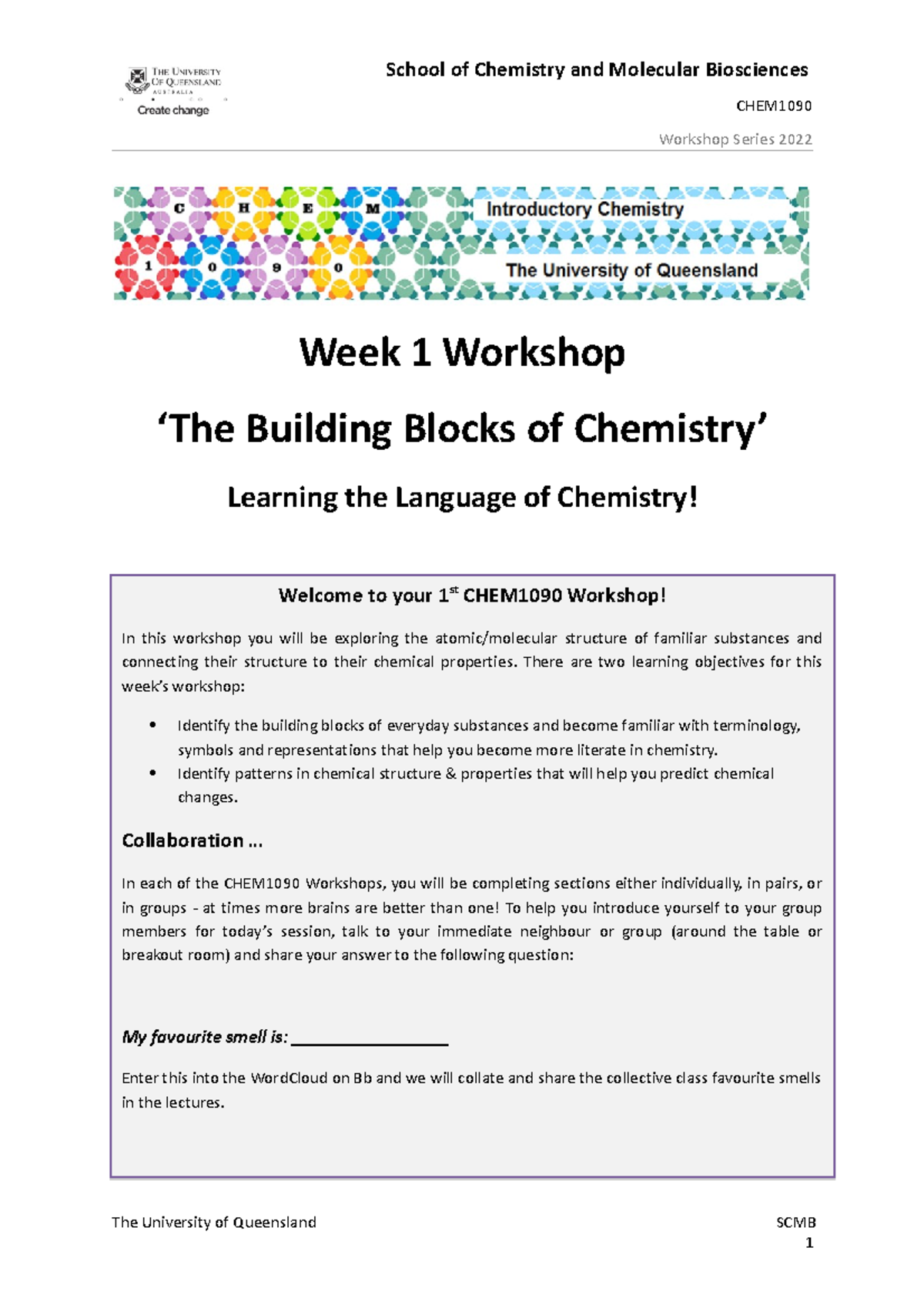 2022 Workshop 1 - CHEM Workshop Series 2022 Week 1 Workshop ‘The Building Blocks of Chemistry ...