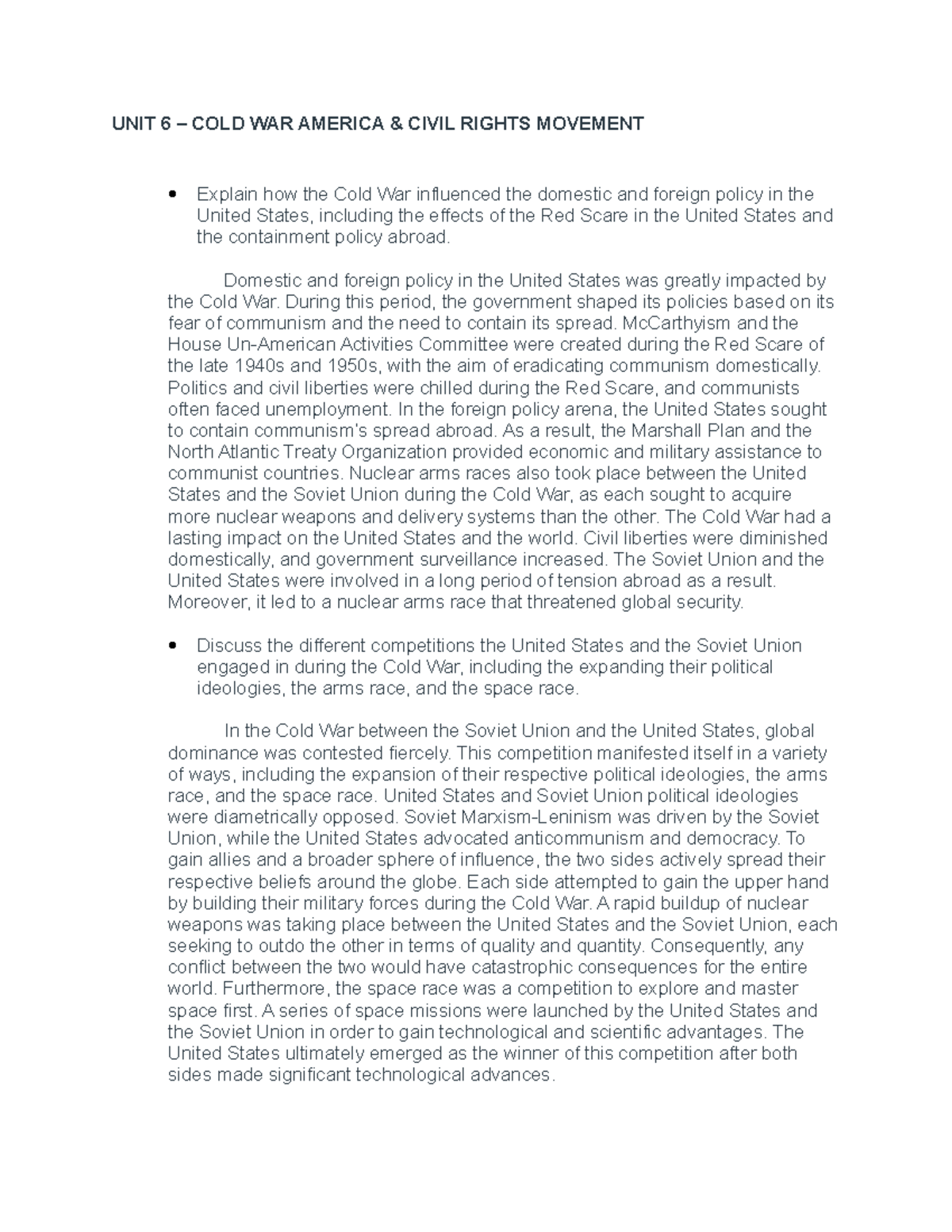 Critical Thinking Assignment 6- United States History - UNIT 6 – COLD ...