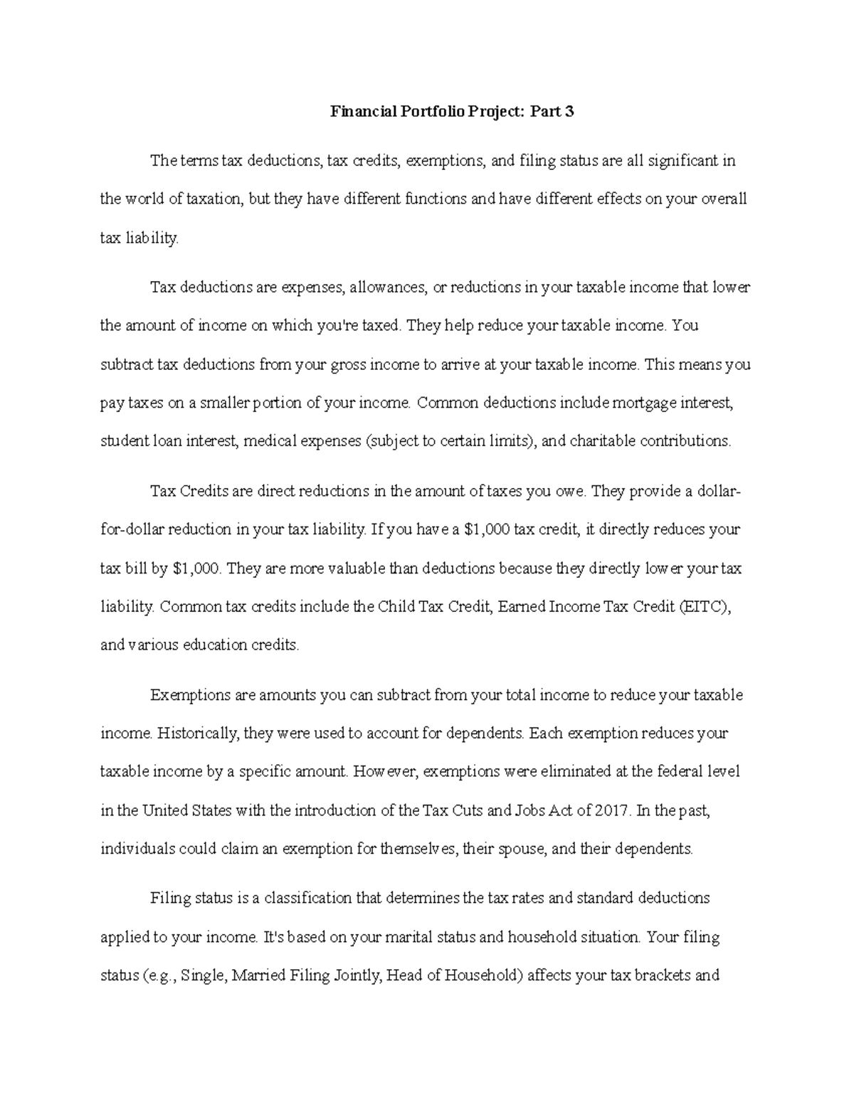 Financial Portfolio Project (Part 3) - Tax deductions are expenses ...