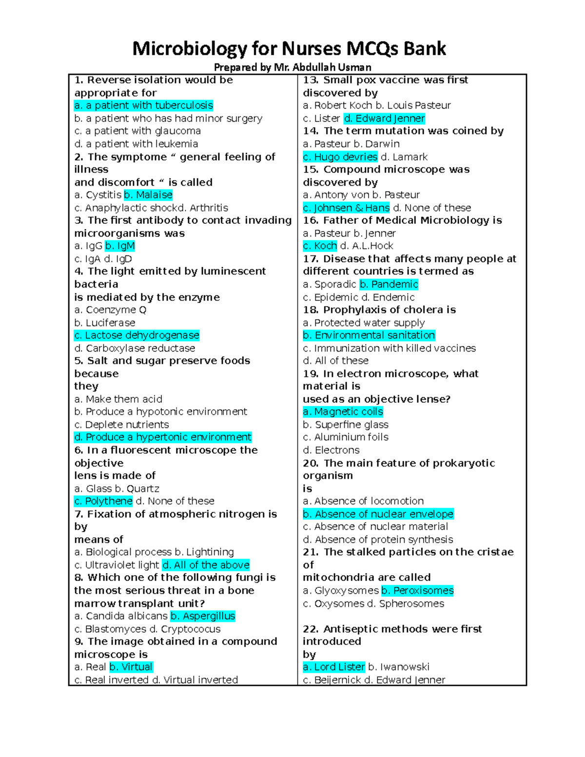 Microbiology MCQ, s Bank - Prepared by Mr. Abdullah Usman Reverse ...