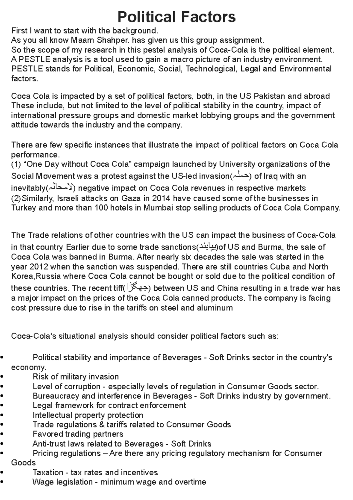 Coca cola pestal - mandTORY - Political Factors First I want to start ...