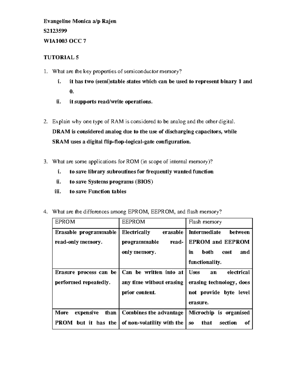 WIA1003 COMPUTER SYSTEM AND ARCHITECTURE TUTORIAL 5 - Evangeline Monica a/p Rajen S WIA1003 OCC ...