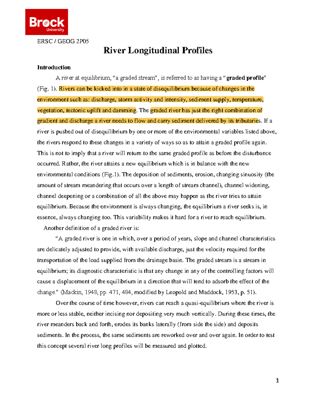 Lab04 River Profiles - 1 ERSC / GEOG 2P River Longitudinal Profiles ...