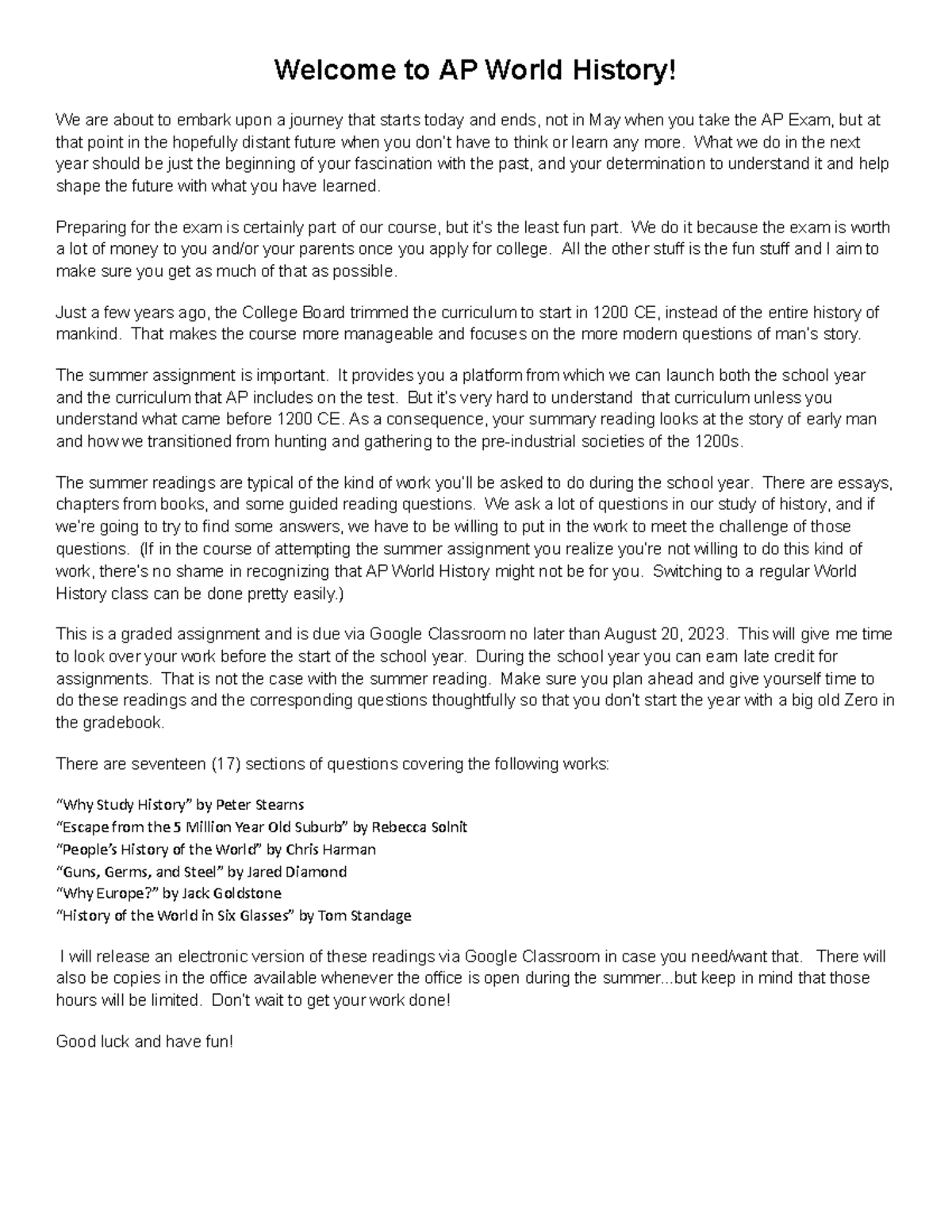 AP World History Summer Reading 2022-23 - Welcome to AP World History ...