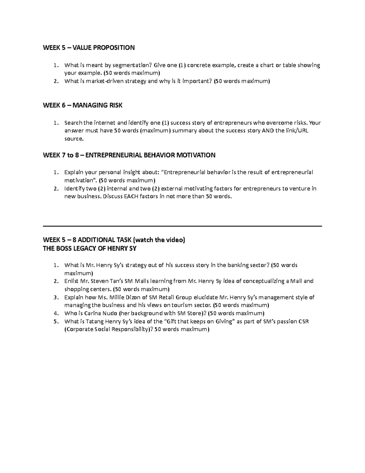 Entrep Mindset Discussion Questions WEEK 5 TO 8 - WEEK 5 – VALUE ...