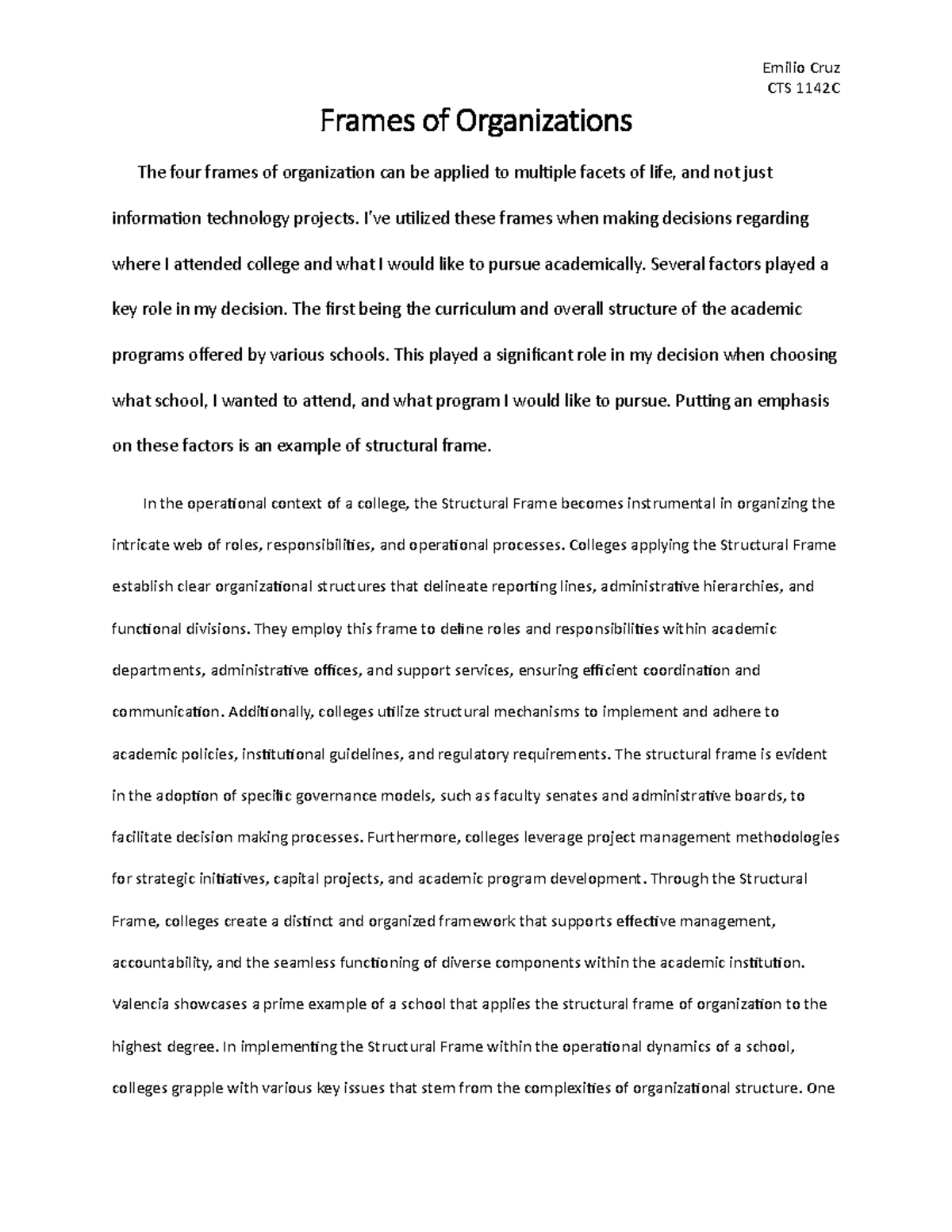 Four Frames of Oraganization - Emilio Cruz CTS 1142C Frames of ...