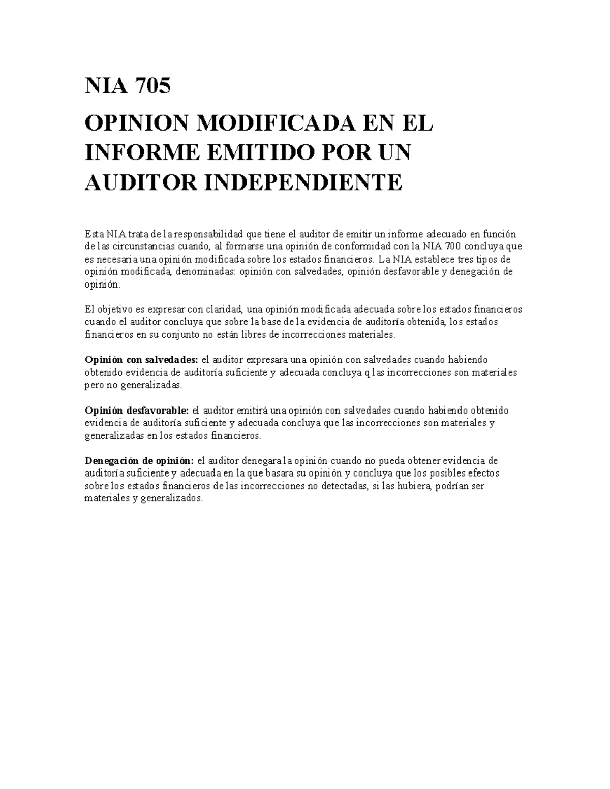 NIA 705 - nada - NIA 705 OPINION MODIFICADA EN EL INFORME EMITIDO POR UN AUDITOR INDEPENDIENTE ...