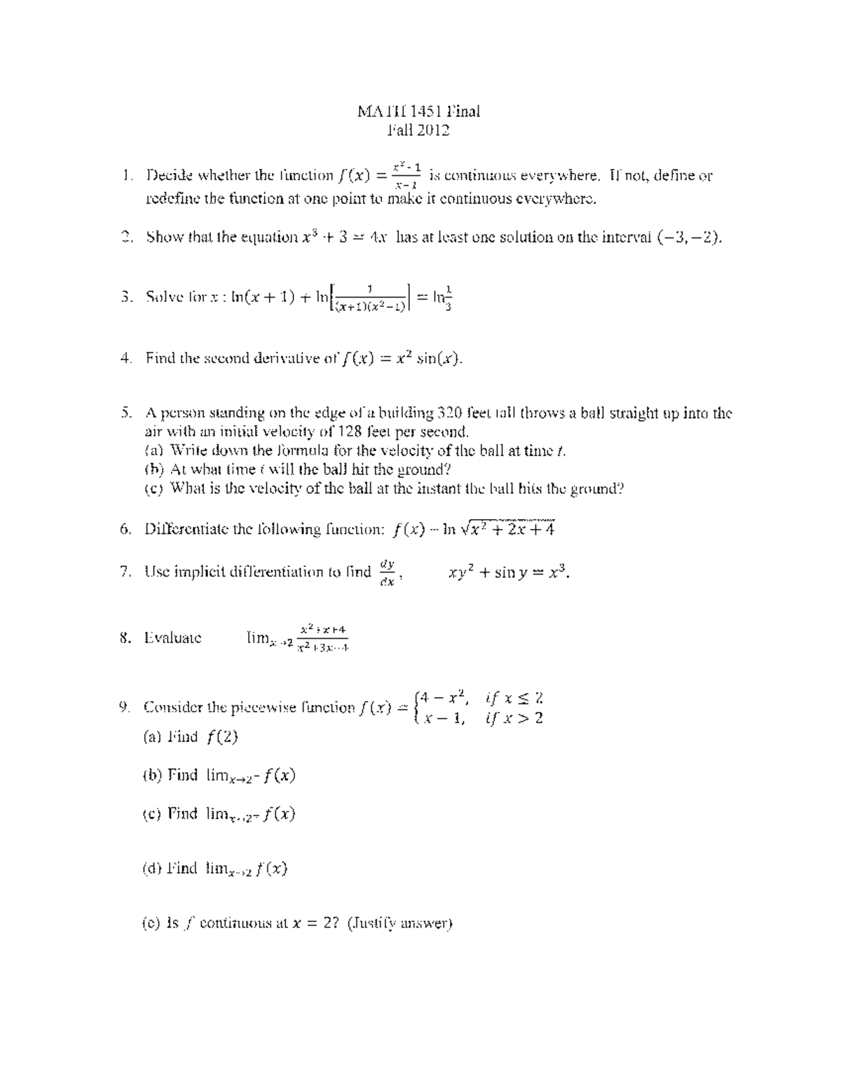 Math 1451 2012 Fall Final - MATH 1451 - Studocu