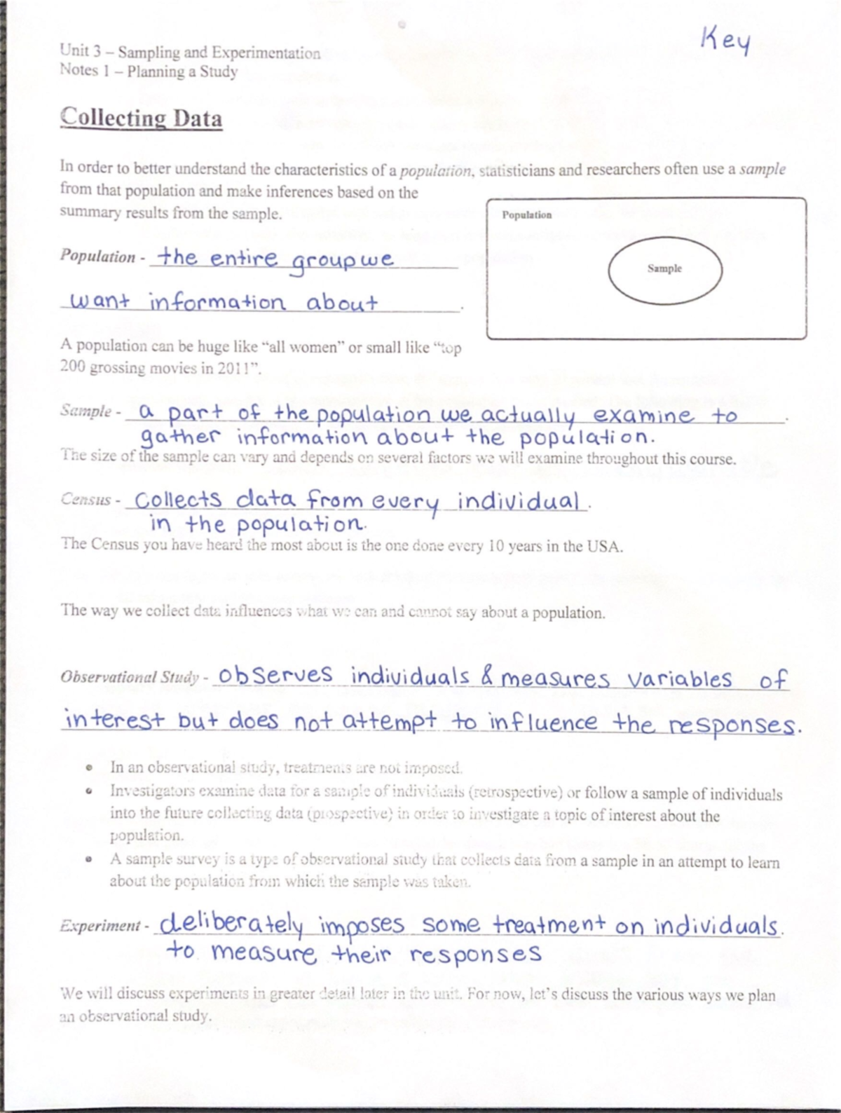 Unit 3 Notes 1 Key - Unit 3 Sampling and Experimentation Key Notes 1 ...