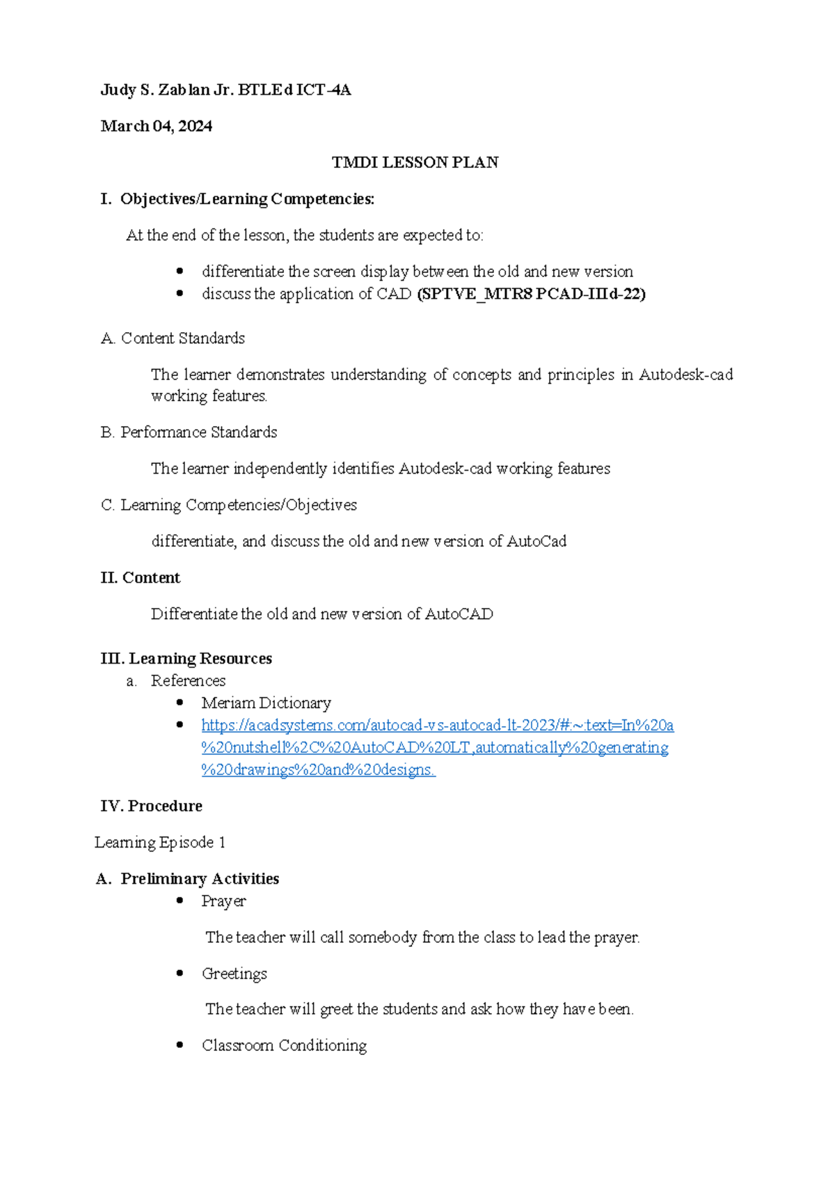PRE DEMO TMDI Lesson PLAN Judy Zablan - Judy S. Zablan Jr. BTLEd ICT-4A ...