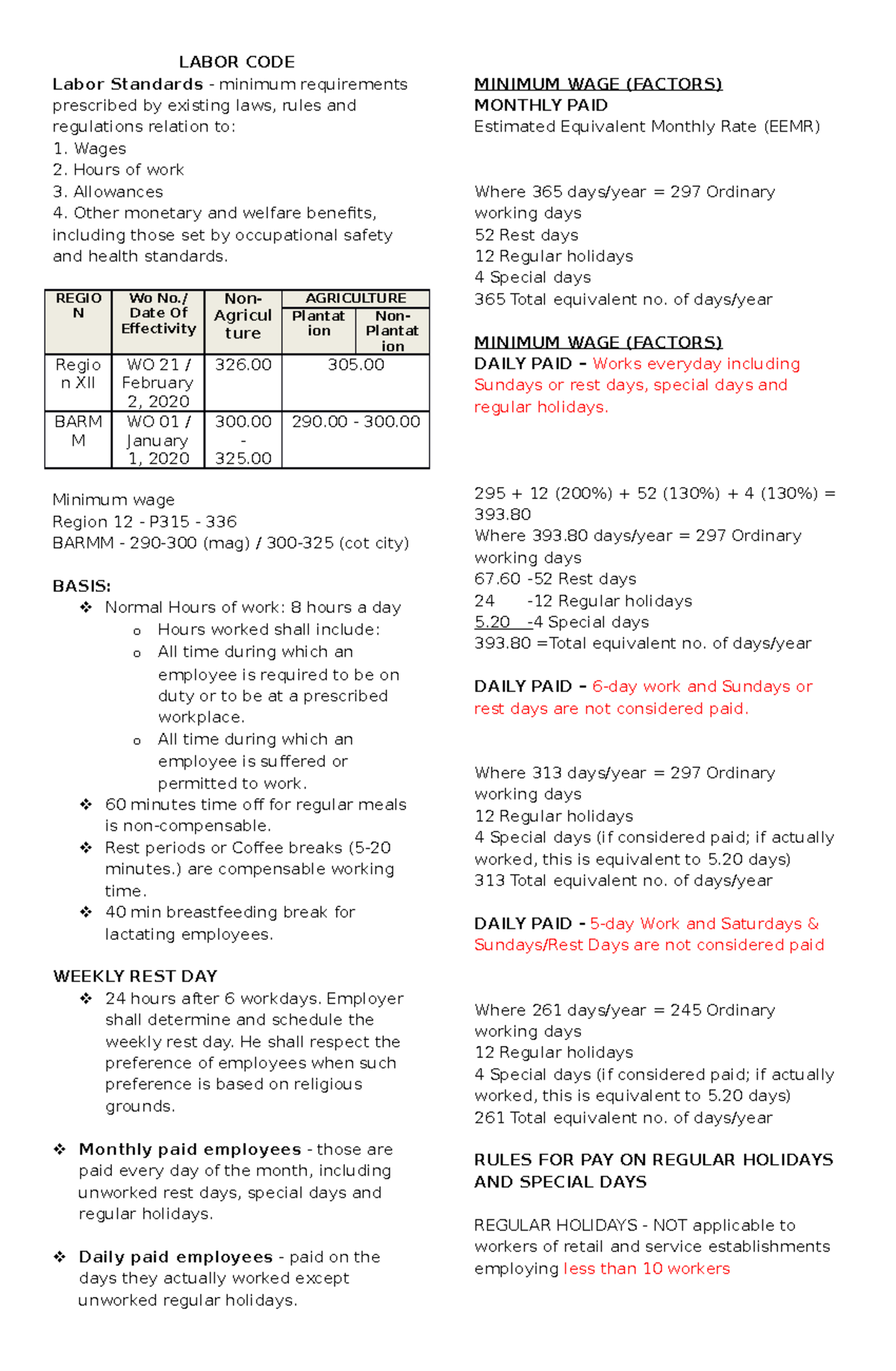 Labor CODE Summary - LABOR CODE Labor Standards - minimum requirements ...