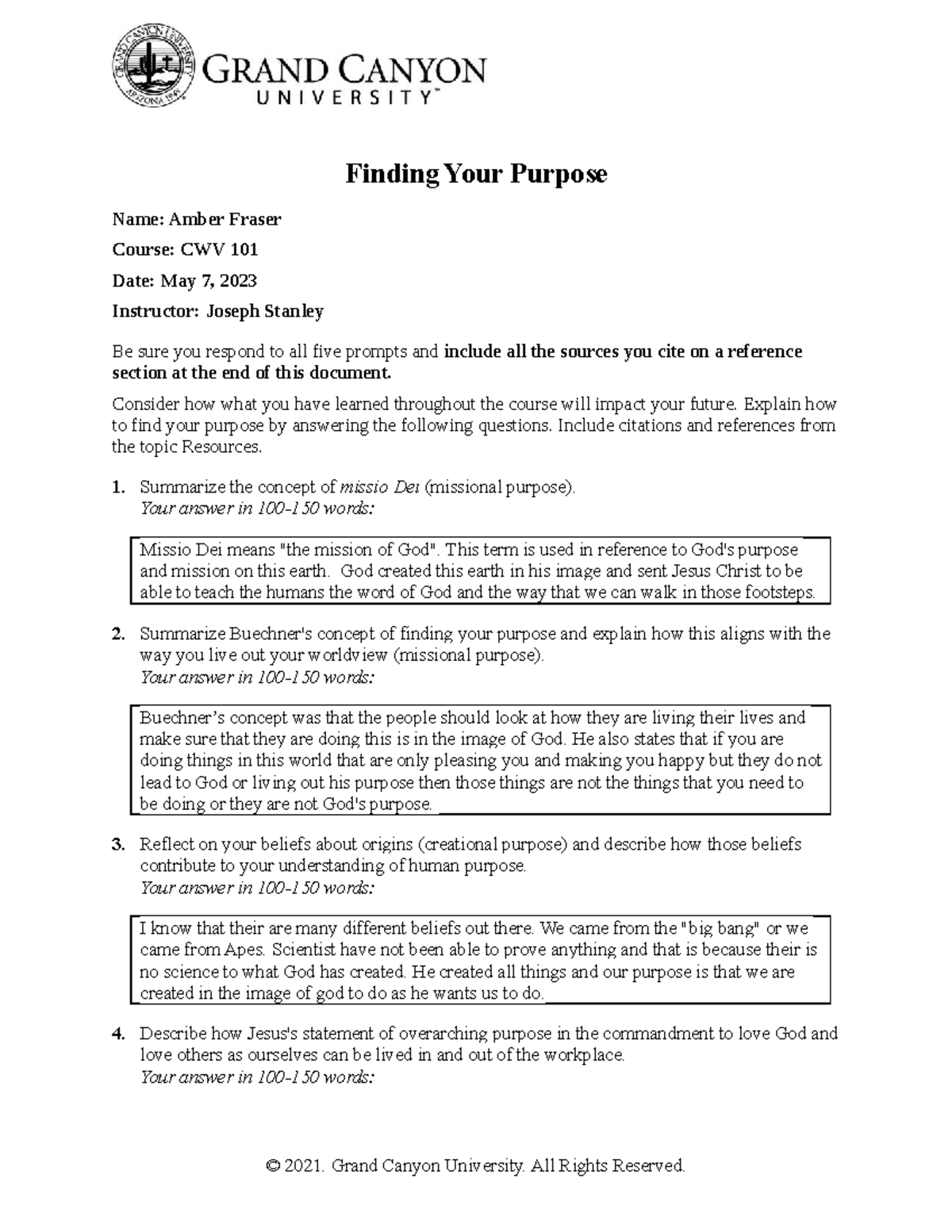 CWV-101-301-RS-T7-T8Finding Your Purpose - Finding Your Purpose Name: Amber Fraser Course: CWV ...