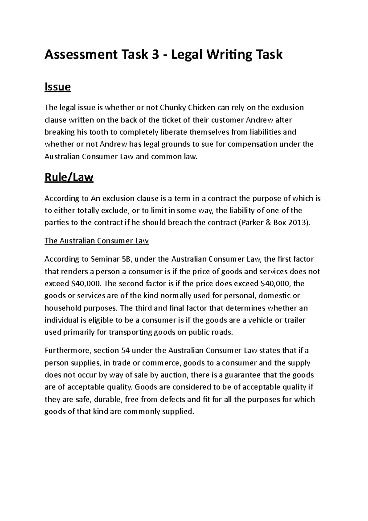Assessment Task 3 - Common Law - Assessment Task 3 - Legal Writing Task ...