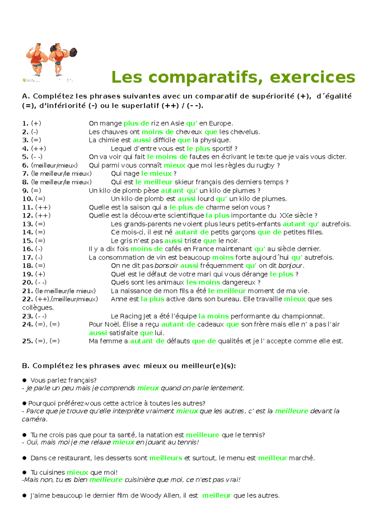 Comparaison. Théorie et exercices-Solutions - Les comparatifs ...