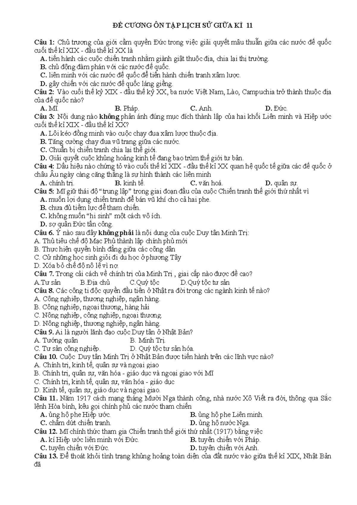 Đề cương ôn tập ls 11 giữa kì - ĐỀ CƯƠNG ÔN TẬP LỊCH SỬ GIỮA KÌ 11 Câu ...
