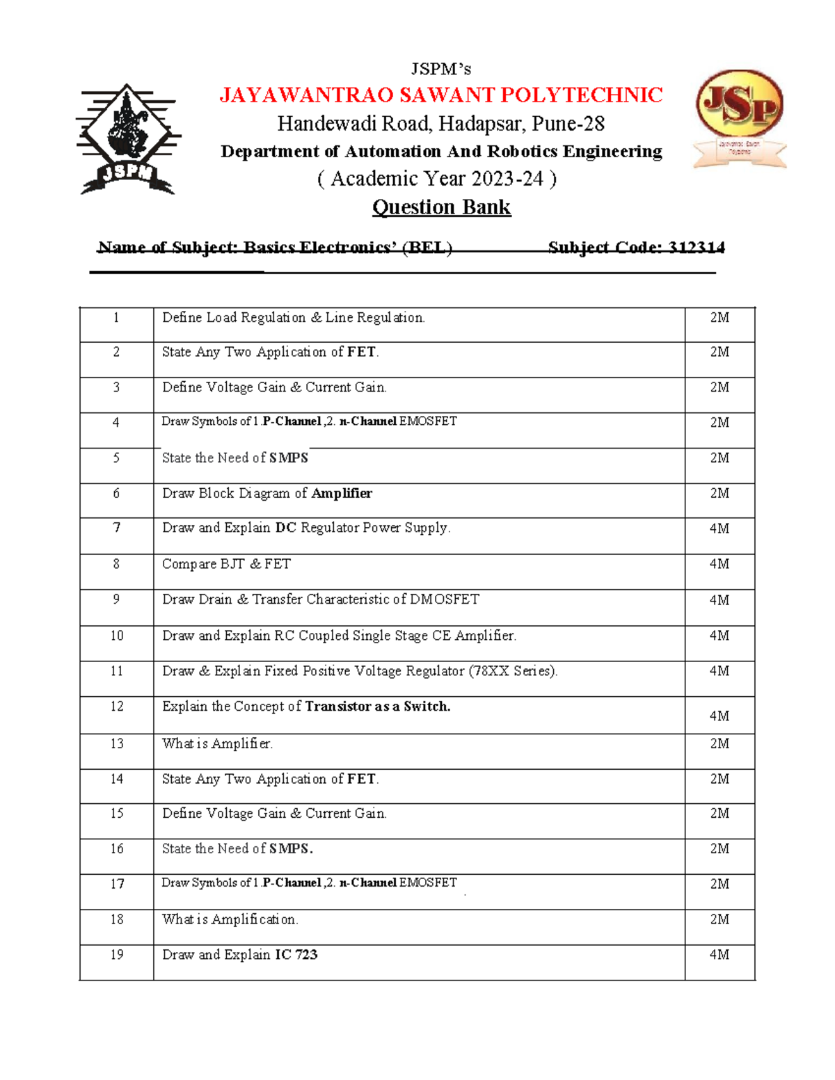 BEL- Question Bank - okkkk - JSPM’s JAYAWANTRAO SAWANT POLYTECHNIC ...