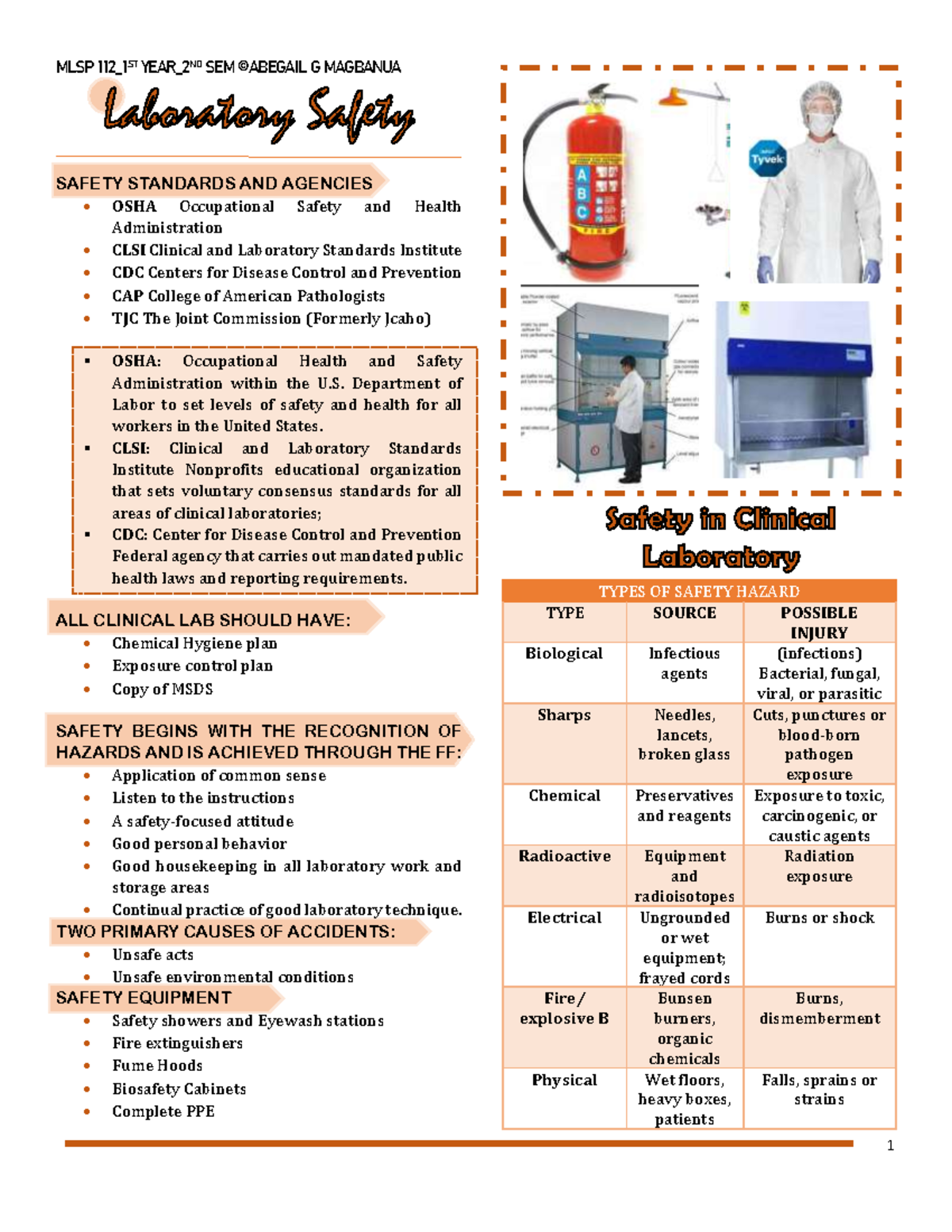 Laboratory and safety - ####### SAFETY STANDARDS AND AGENCIES OSHA ...