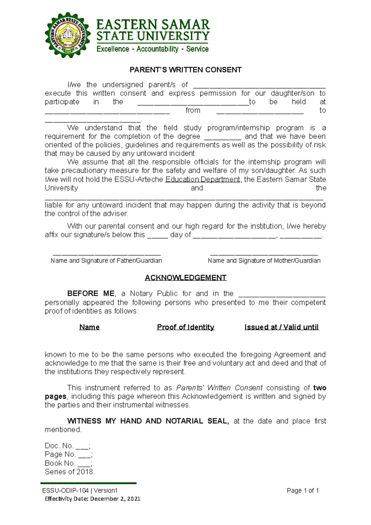 104 Parents Written Consent FS - PARENT’S WRITTEN CONSENT I/we the ...