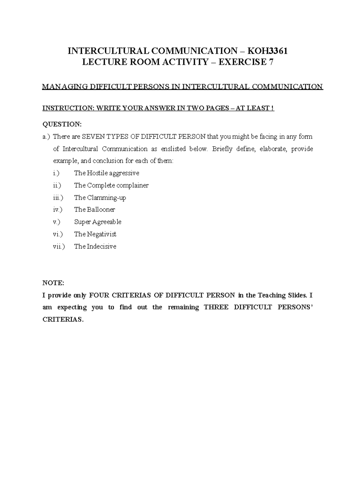 KOH3361 - Exercises 7 pdf - INTERCULTURAL COMMUNICATION – KOH LECTURE ...