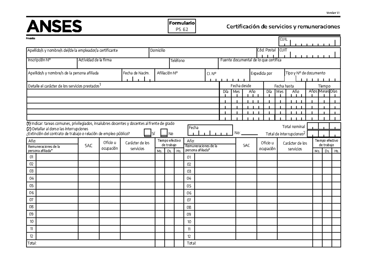 6.2 Cert servicios y remuneraciones ANSES - Formulario PS. 6. Frente CUIL Apellido/s y nombre/s ...