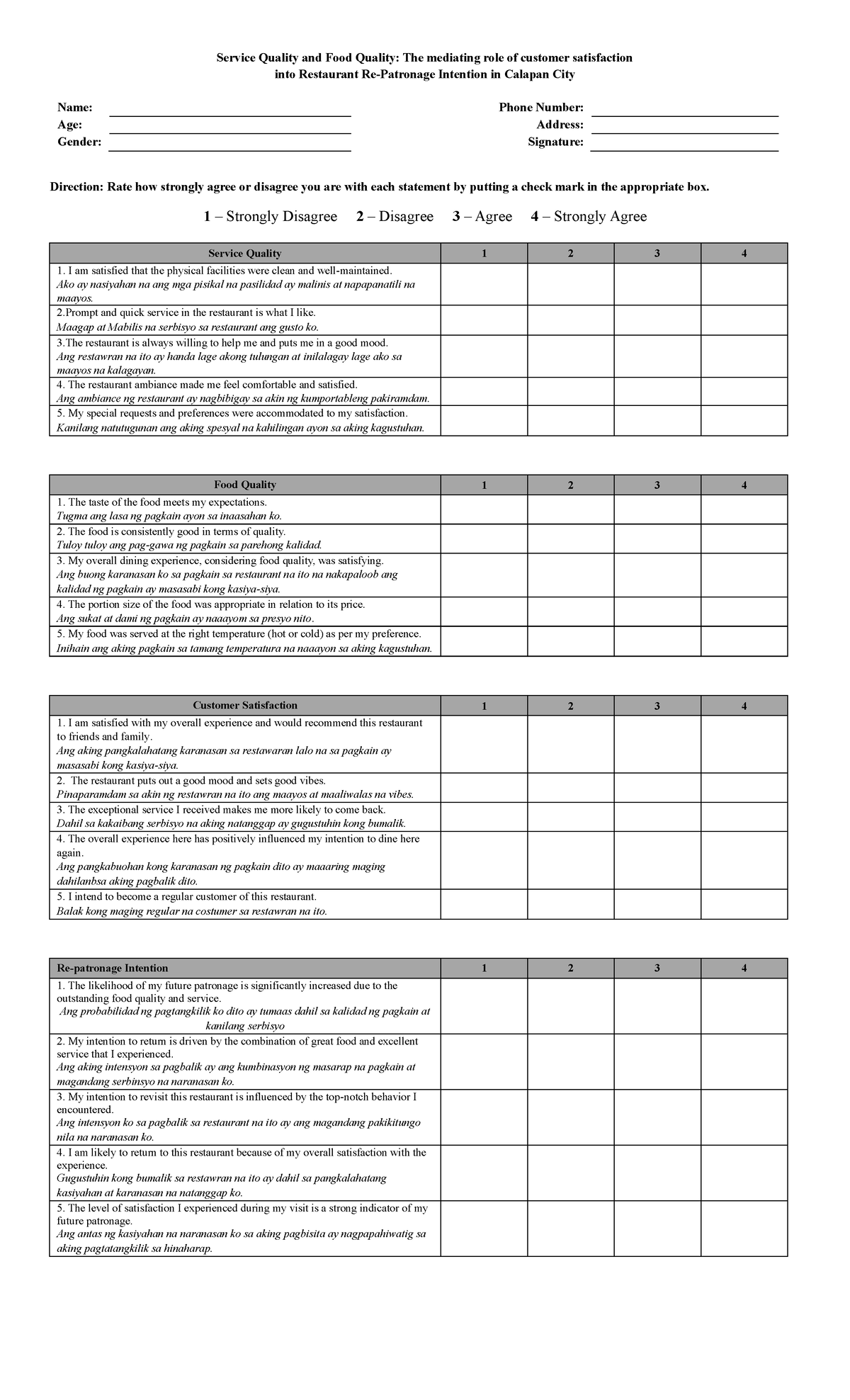 Approved-questions- Cleaned - Service Quality and Food Quality: The ...