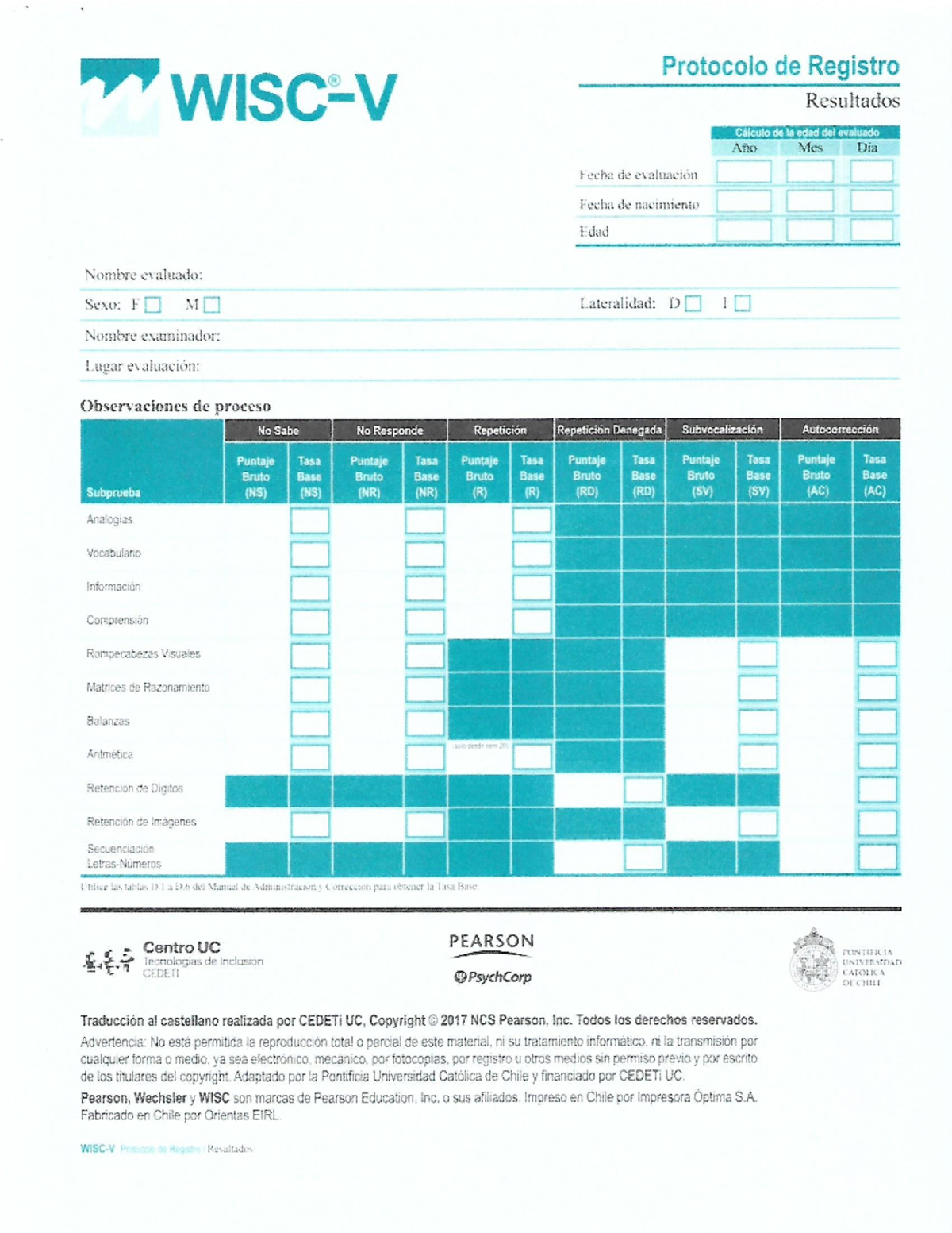 Protocolo DE Registro WISC V - Integrado Educativo en Niños - Studocu
