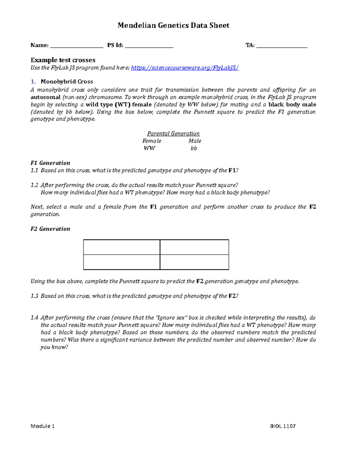 Mod1 Data Sheet technique lab - Name: _______________________ PS Id