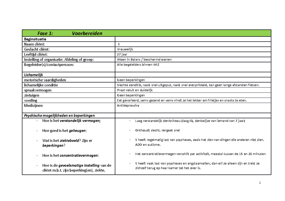 4 fasenplan - Fase 1: Voorbereiden Beginsituatie Naam cliënt: S Geslacht cliënt: Vrouwelijk ...