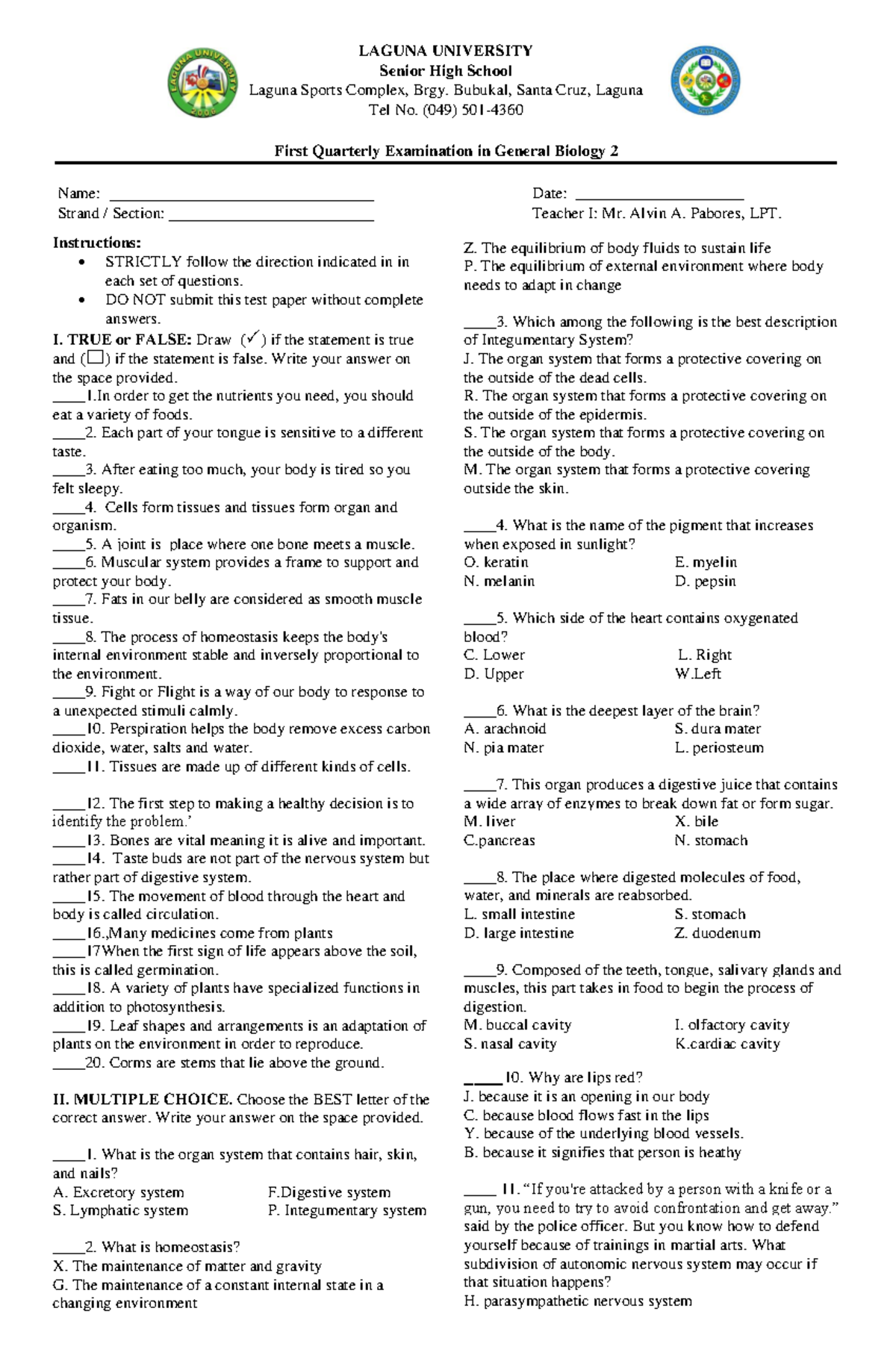 Toaz - exam in gen bio - Instructions: STRICTLY follow the direction ...