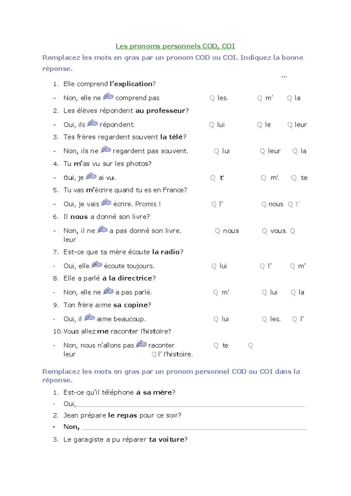 Les pronoms personnels COD COi Y EN - Les pronoms personnels COD, COI ...