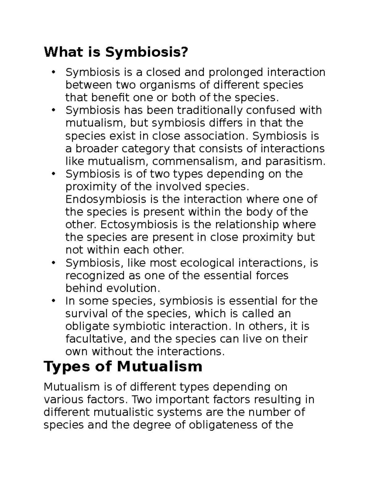 Bio 37 - Notes - What is Symbiosis? Symbiosis is a closed and prolonged ...