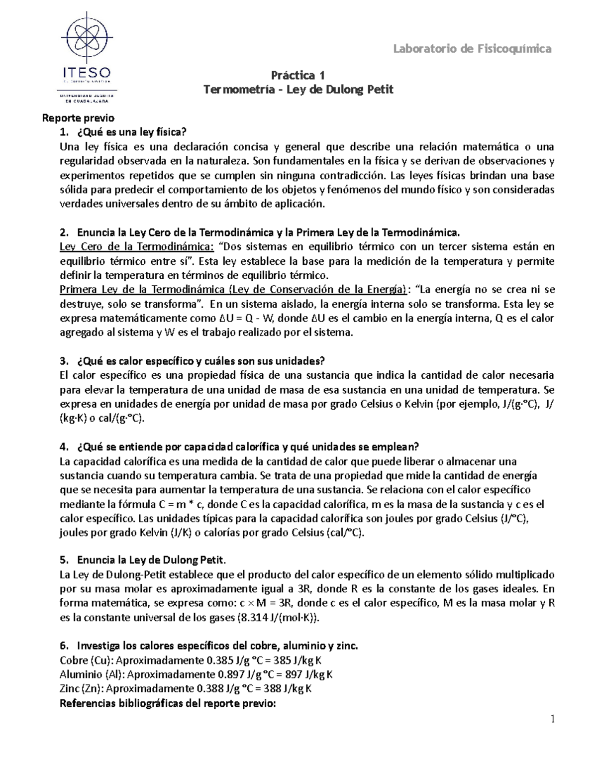 Practica 1 Ley de Dulong Petit Reporte previo - Laboratorio de ...