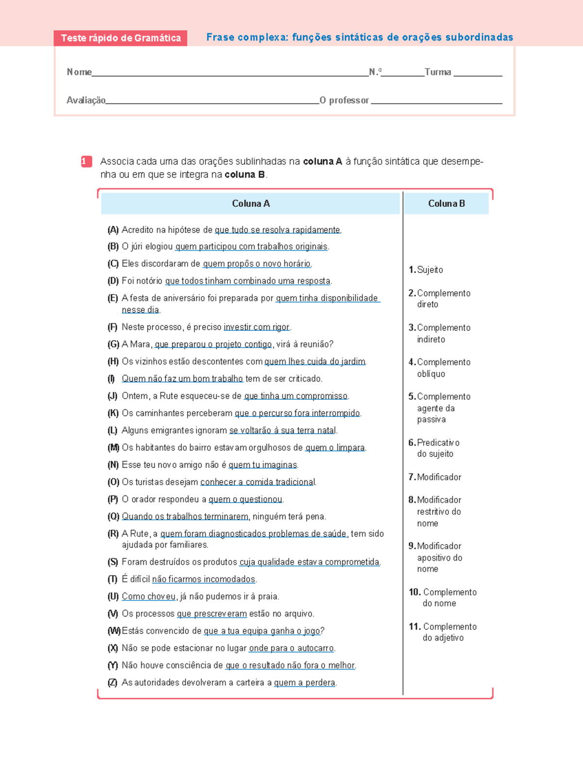 Frase Complexa - Orações Suborbinadas 3 - Teste rápido de Gramática ...