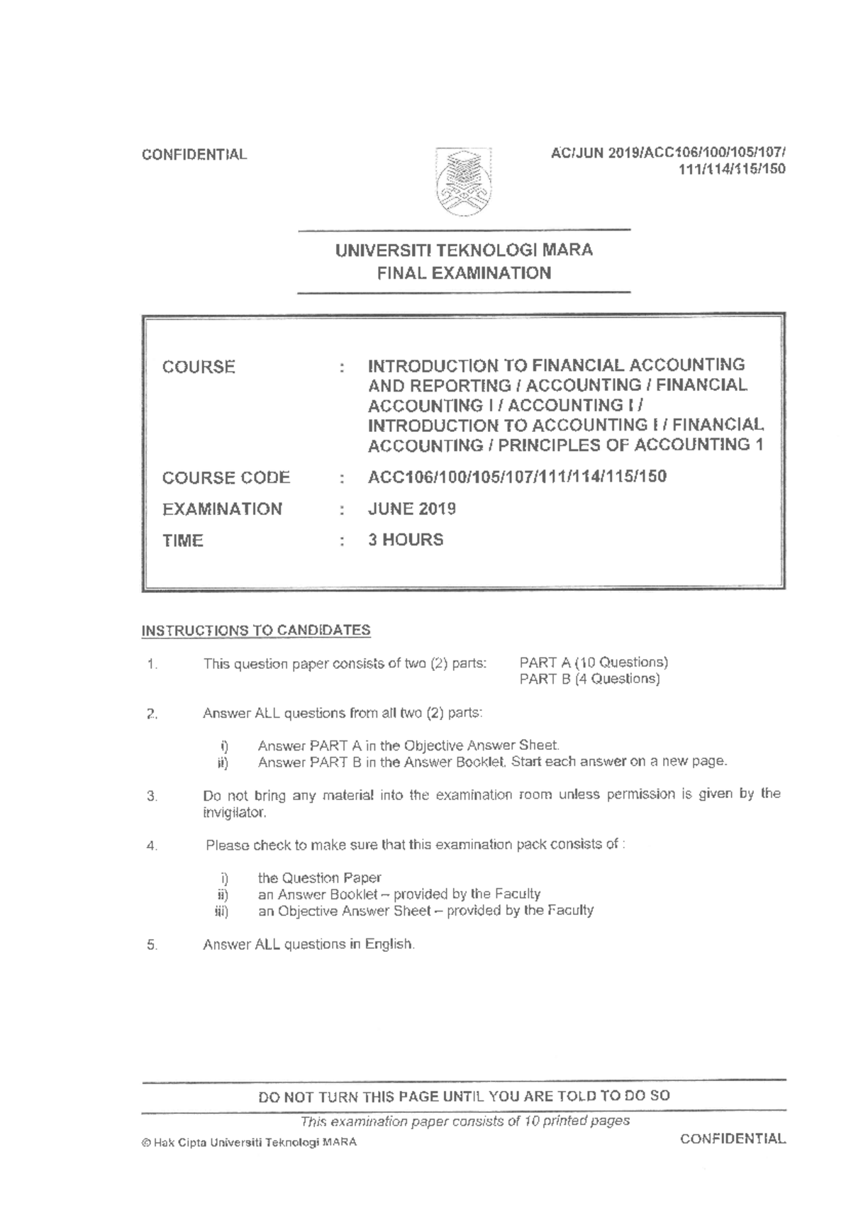 Final Exam Acc106 Jun 2019 - Accounting - UiTM - Studocu