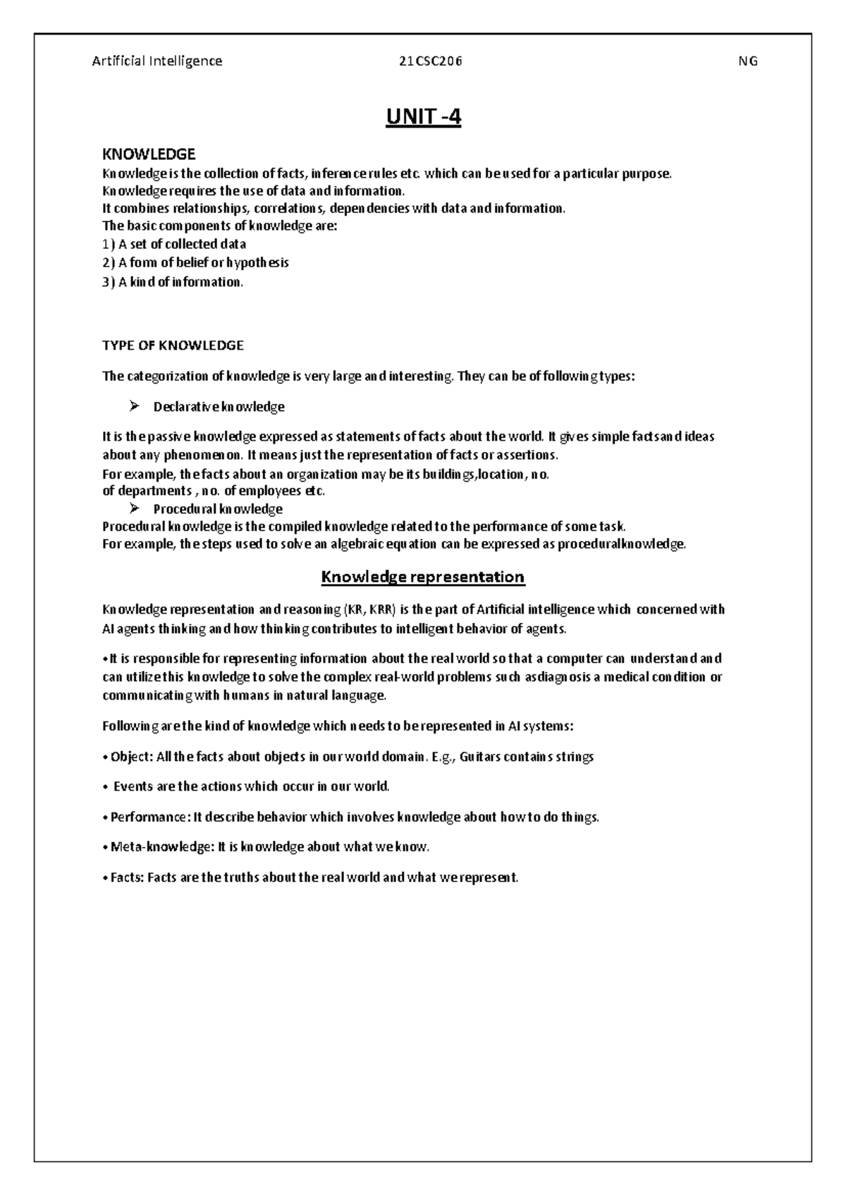2n D YEAR UNIT-4 Notes - UNIT - 4 KNOWLEDGE Knowledge is the collection ...