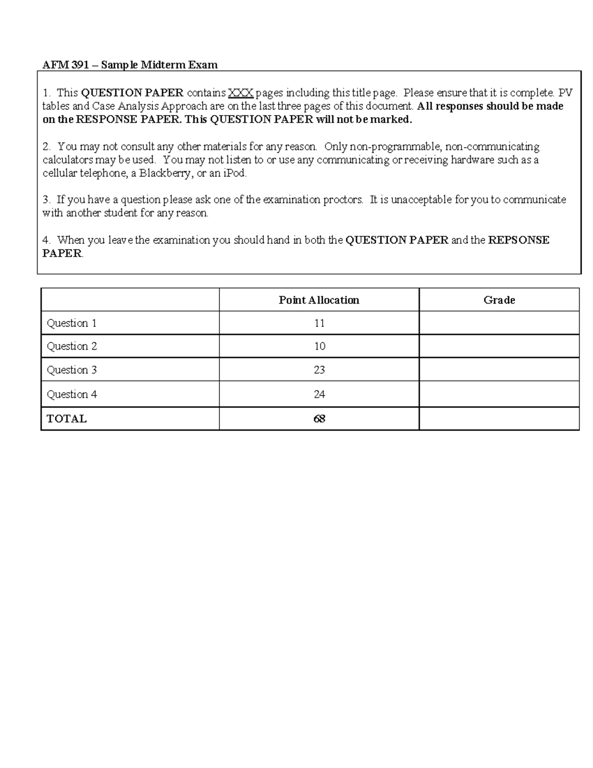 Sample Midterm Exam (S2023) with solutions - Afm 391 - UWaterloo - Studocu