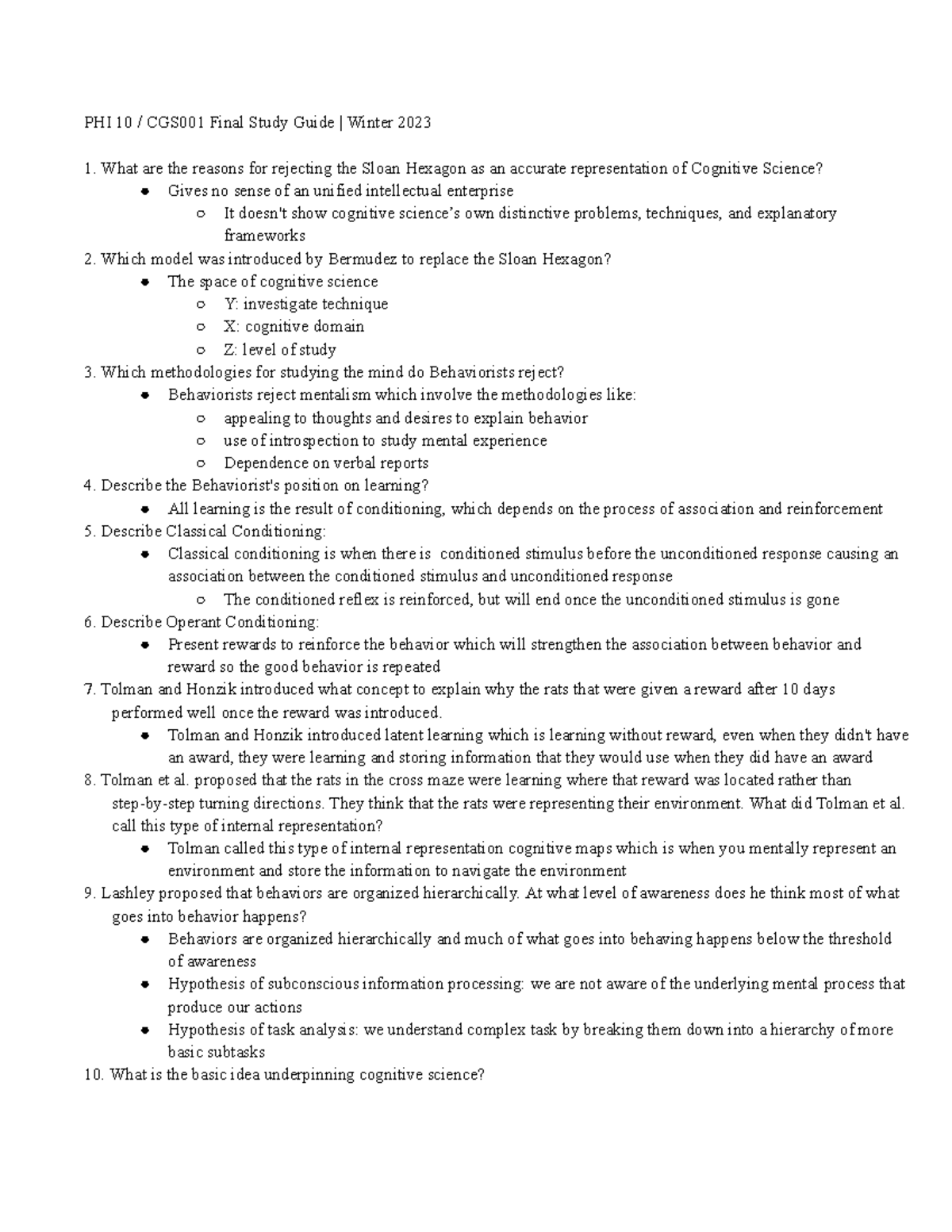 CGS Midterm Final Study Guide 1 - PHI 10 / CGS001 Final Study Guide | Winter 2023 What are the ...