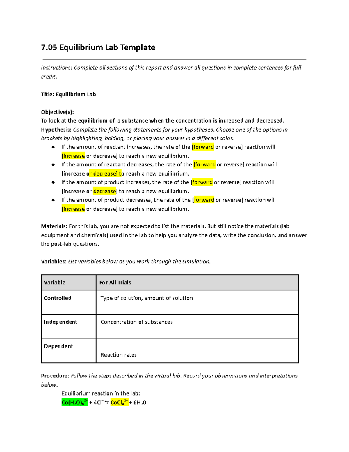 7.05 Equilibrium Lab - 7 Equilibrium Lab Template Instructions ...