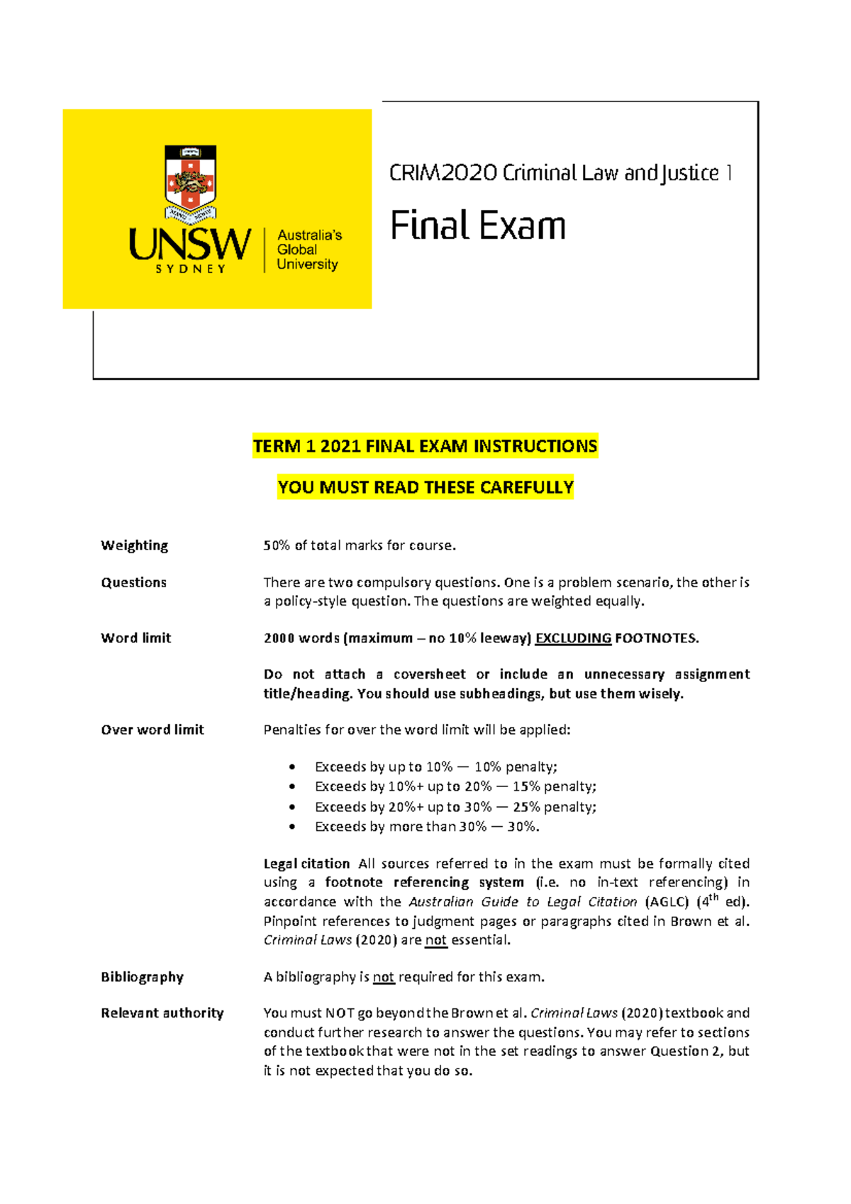 2021 T1 CRIM2020 Final Exam - CRIM202 0 Criminal Law and Justice 1 ...