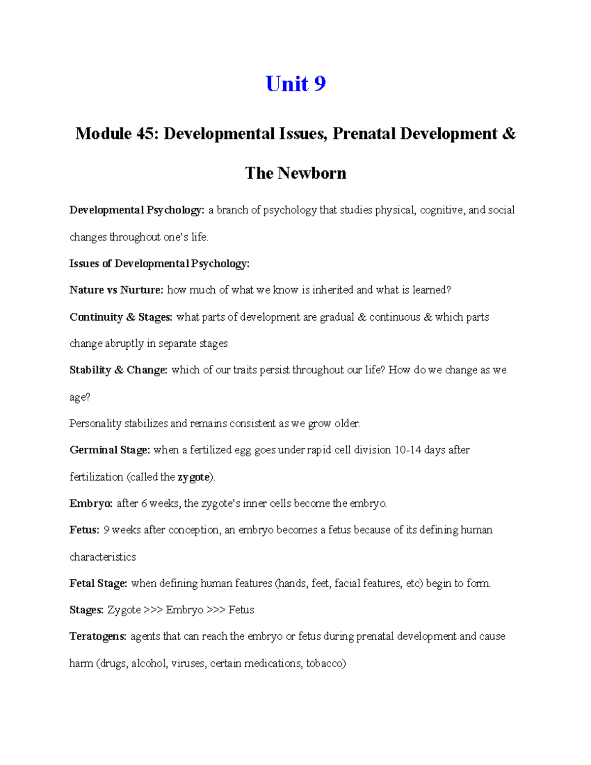 Psych Unit 9 Notes - Unit 9 Module 45: Developmental Issues, Prenatal ...