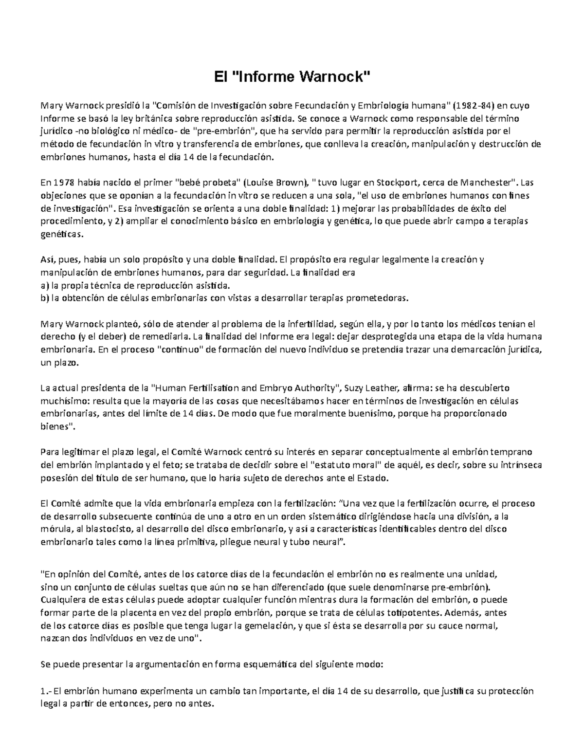 18. El Informe Warnock - Resumen Médicina comunitaria, bioética y ecología - El Mary Warnock la ...