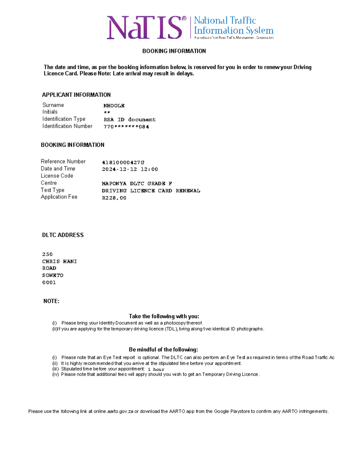 Booking information - good - Surname Initials Identification Type ...