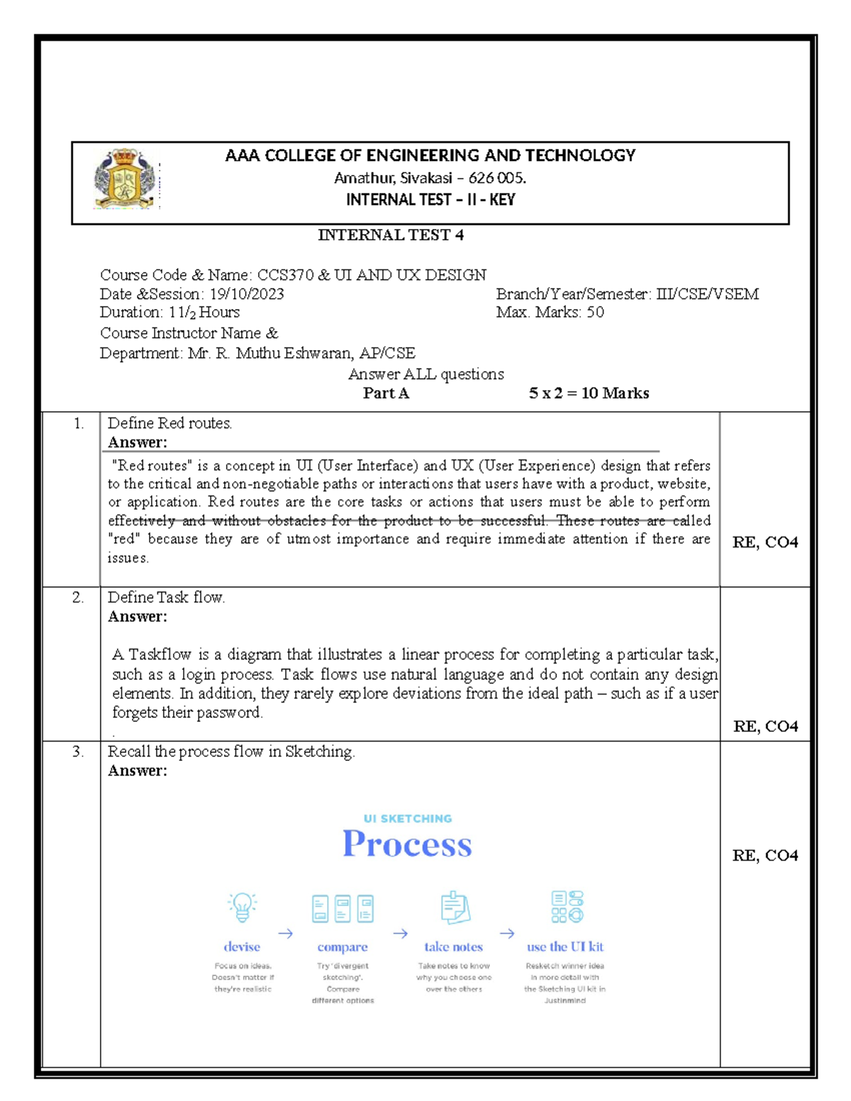 Internal TEST 4 Answer KEY - INTERNAL TEST 4 Course Code & Name: CCS370 ...