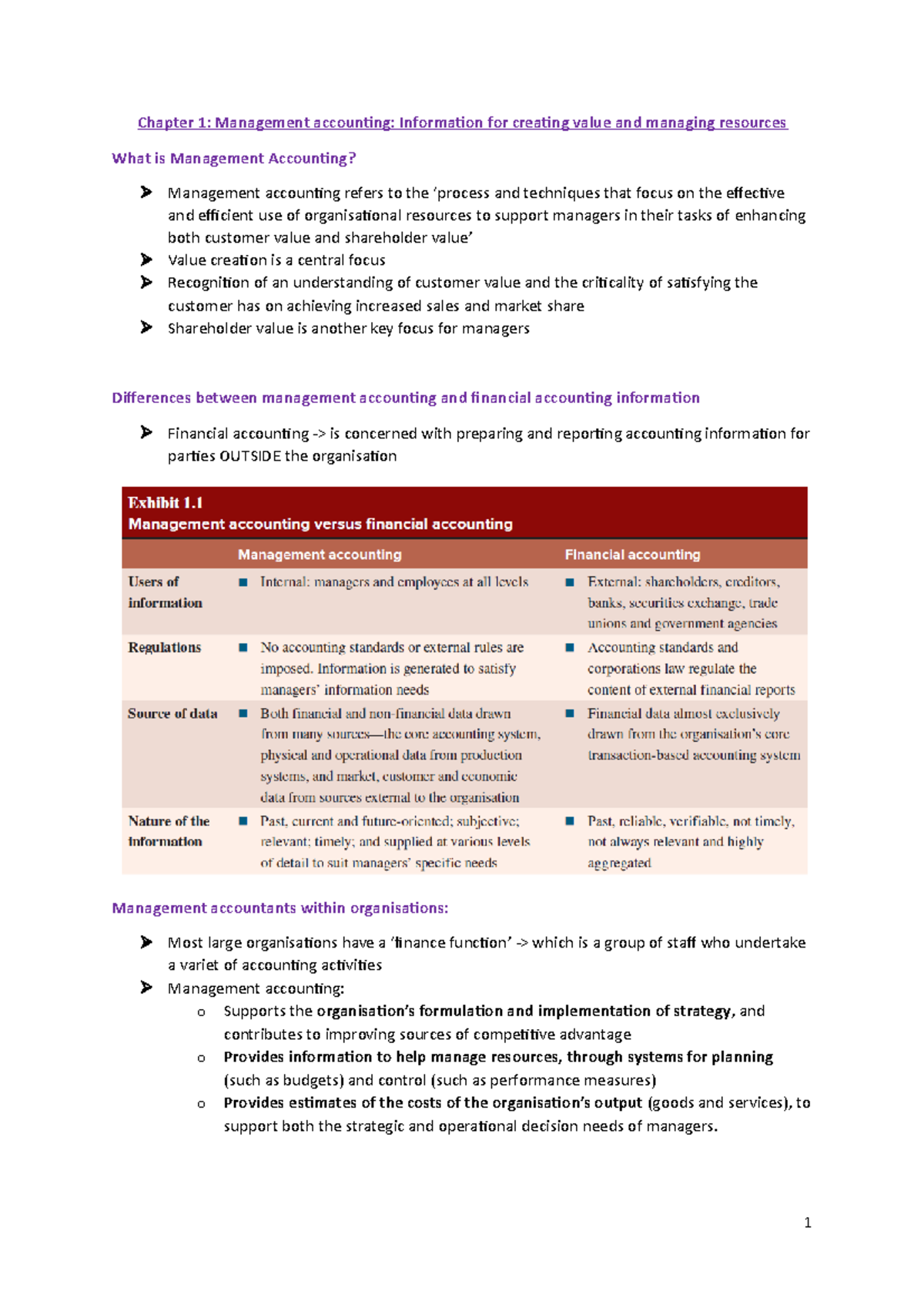 Week 2 (Portfolio) - Chapter 1: Management accounting: Information for creating value and ...