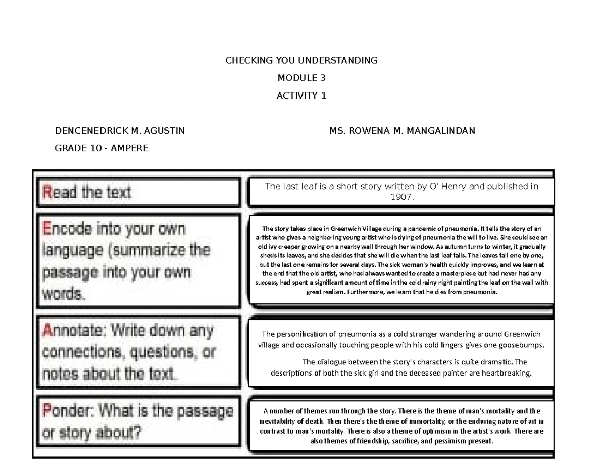 Checking YOU Understanding Module 3 Activity 1 - CHECKING YOU ...