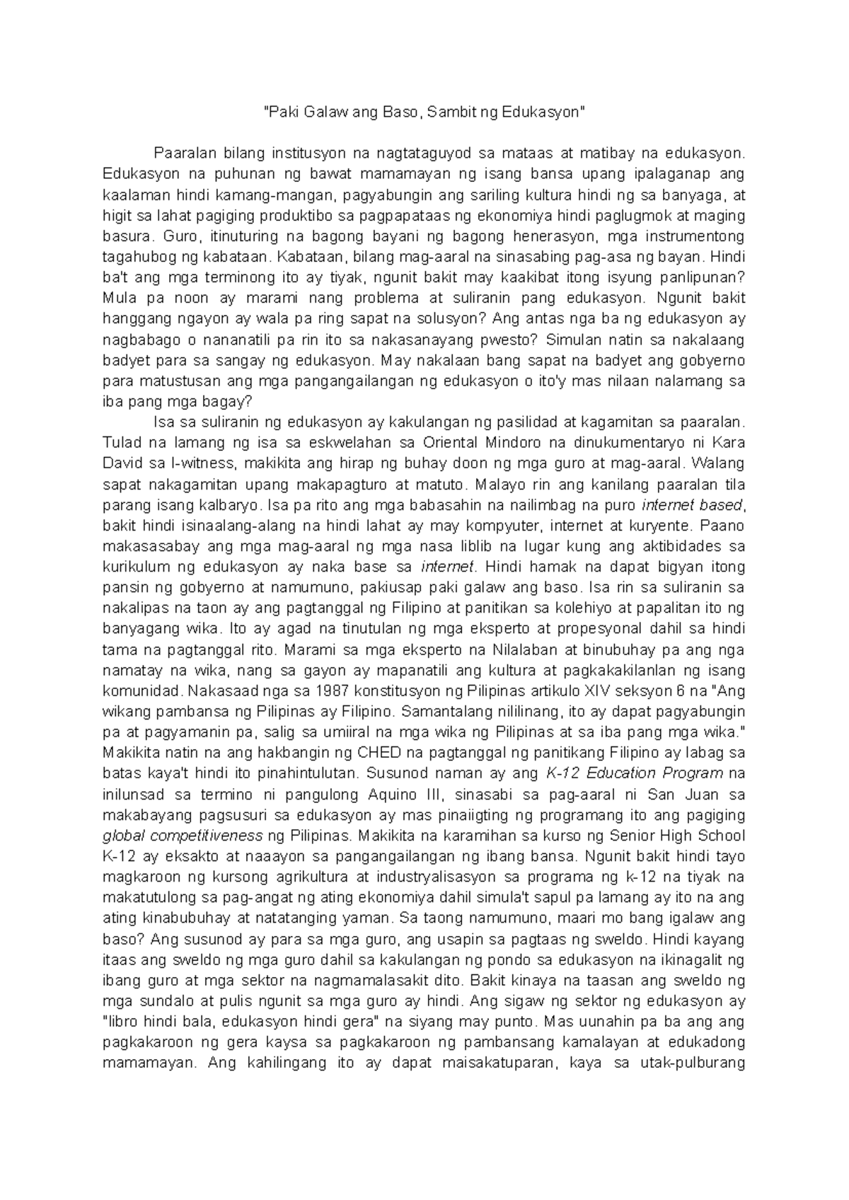 Talumpati- helo - "Paki Galaw ang Baso, Sambit ng Edukasyon" Paaralan ...