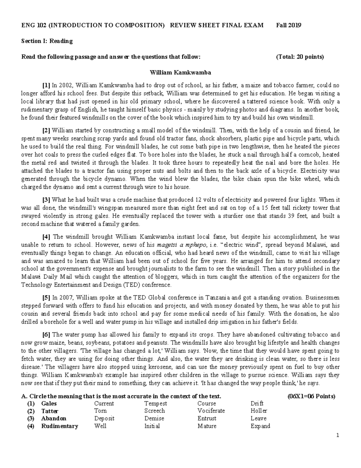 Eng 102 Final Exam Review with Keys Summer 2018 to Fall 2019 - 1 ENG ...