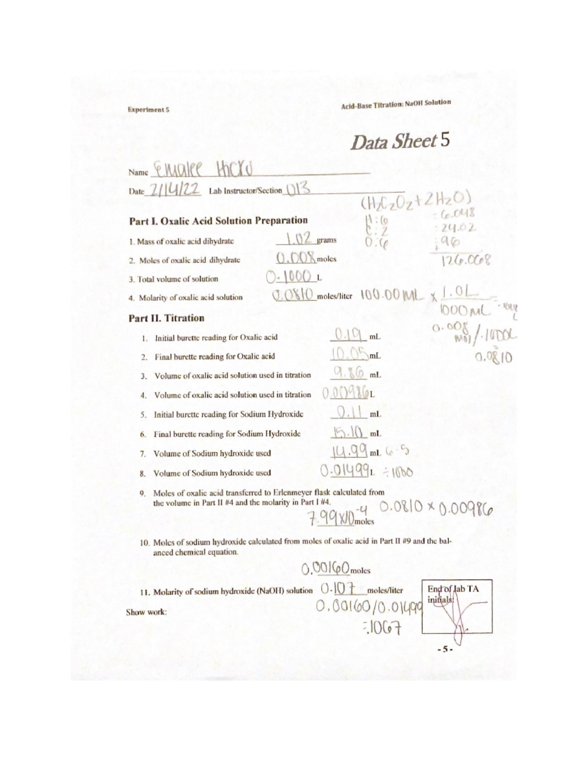 Lab 5 Calculations - CHEM 111L - Studocu